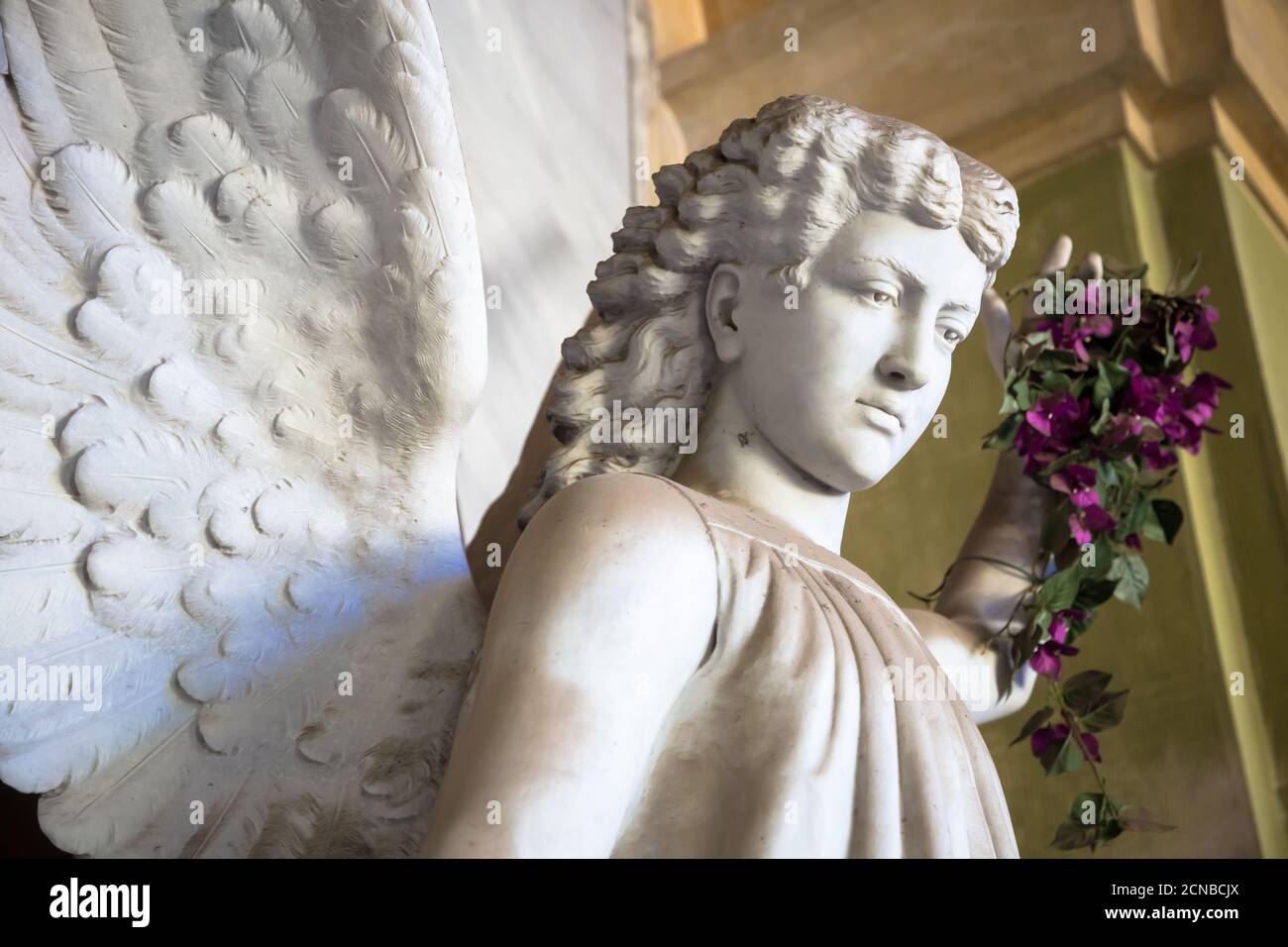 Statue of angel on an old tomb located in Genoa cemetery - Italy Stock ...