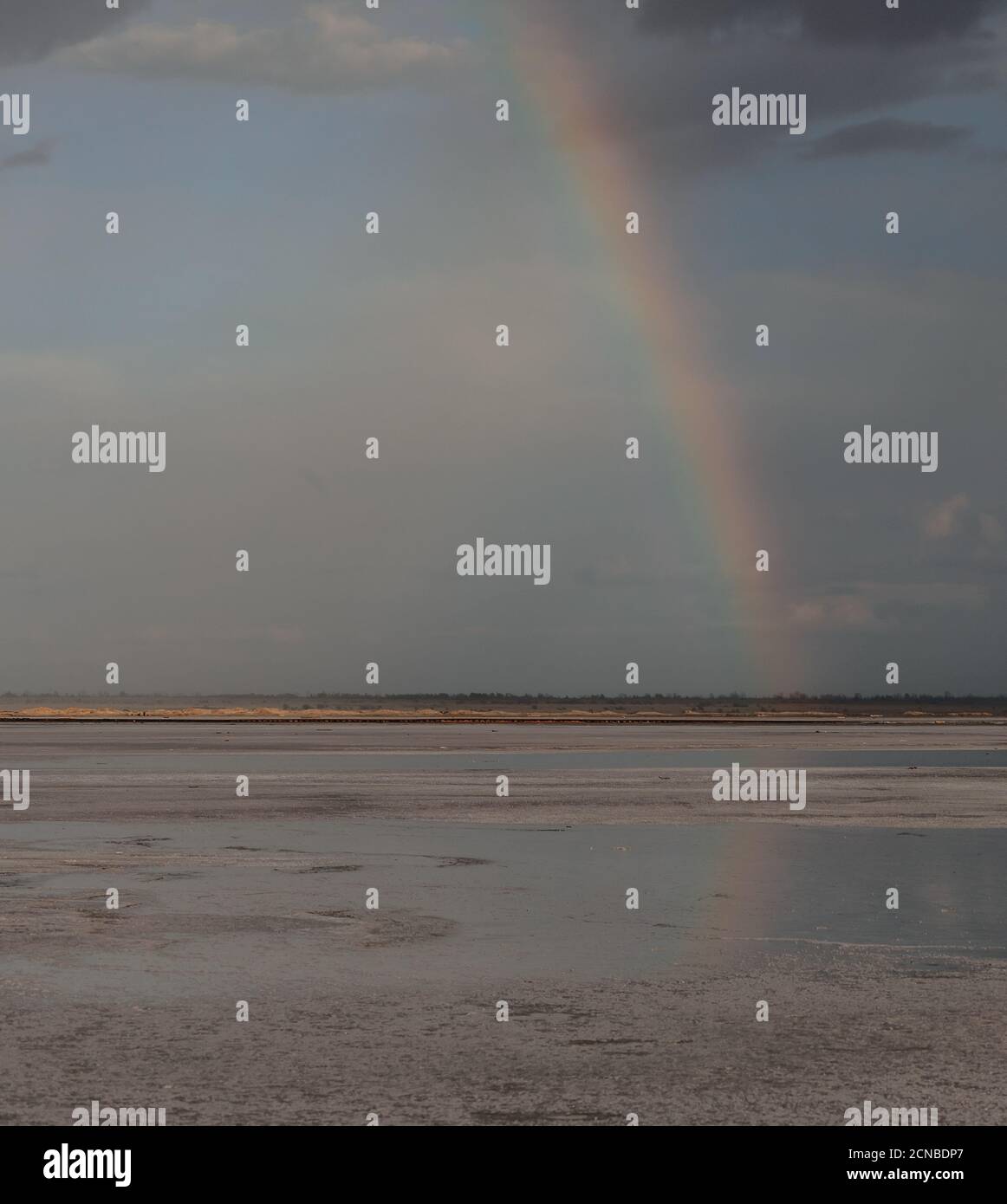 Rainbow over the pink salt lake after a rain. Tourists take pictures ...