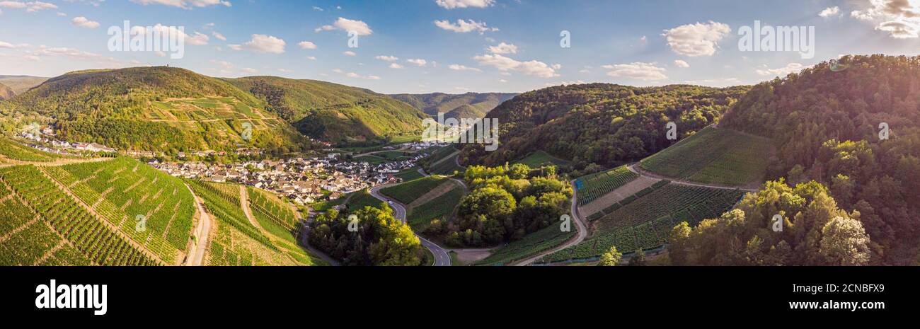 Aerial view of the Ahr valley on a sunny summer day on the red wine ...