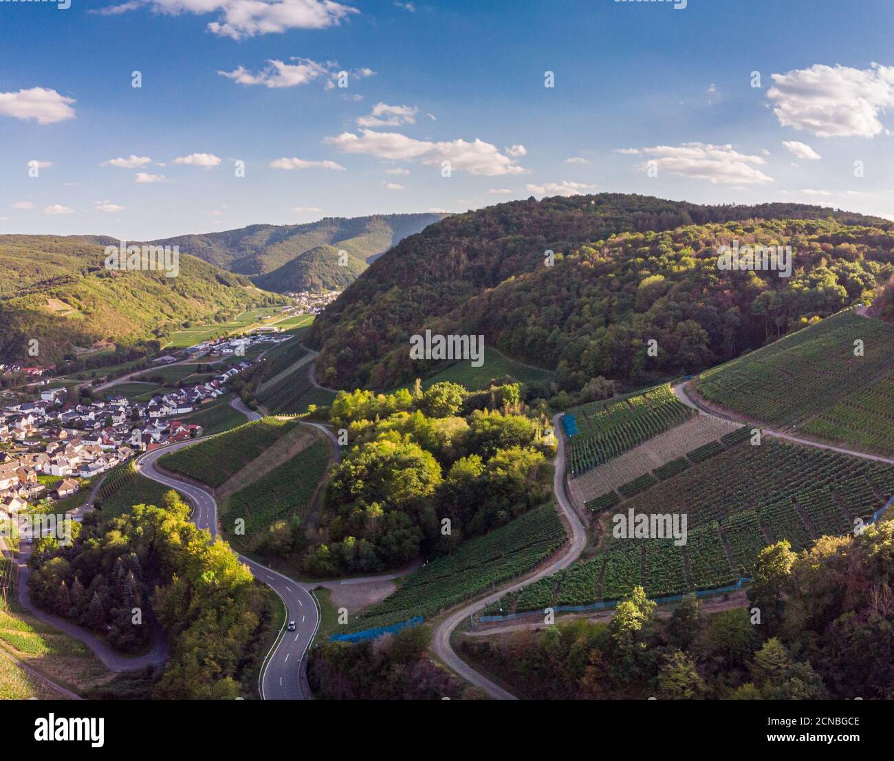 Aerial view of the Ahr valley on a sunny summer day on the red wine ...