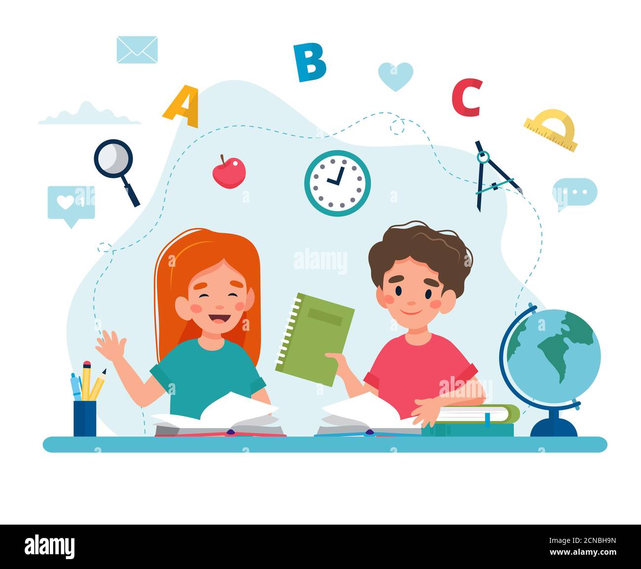 Children in class reading, back to school concept, cute characters ...