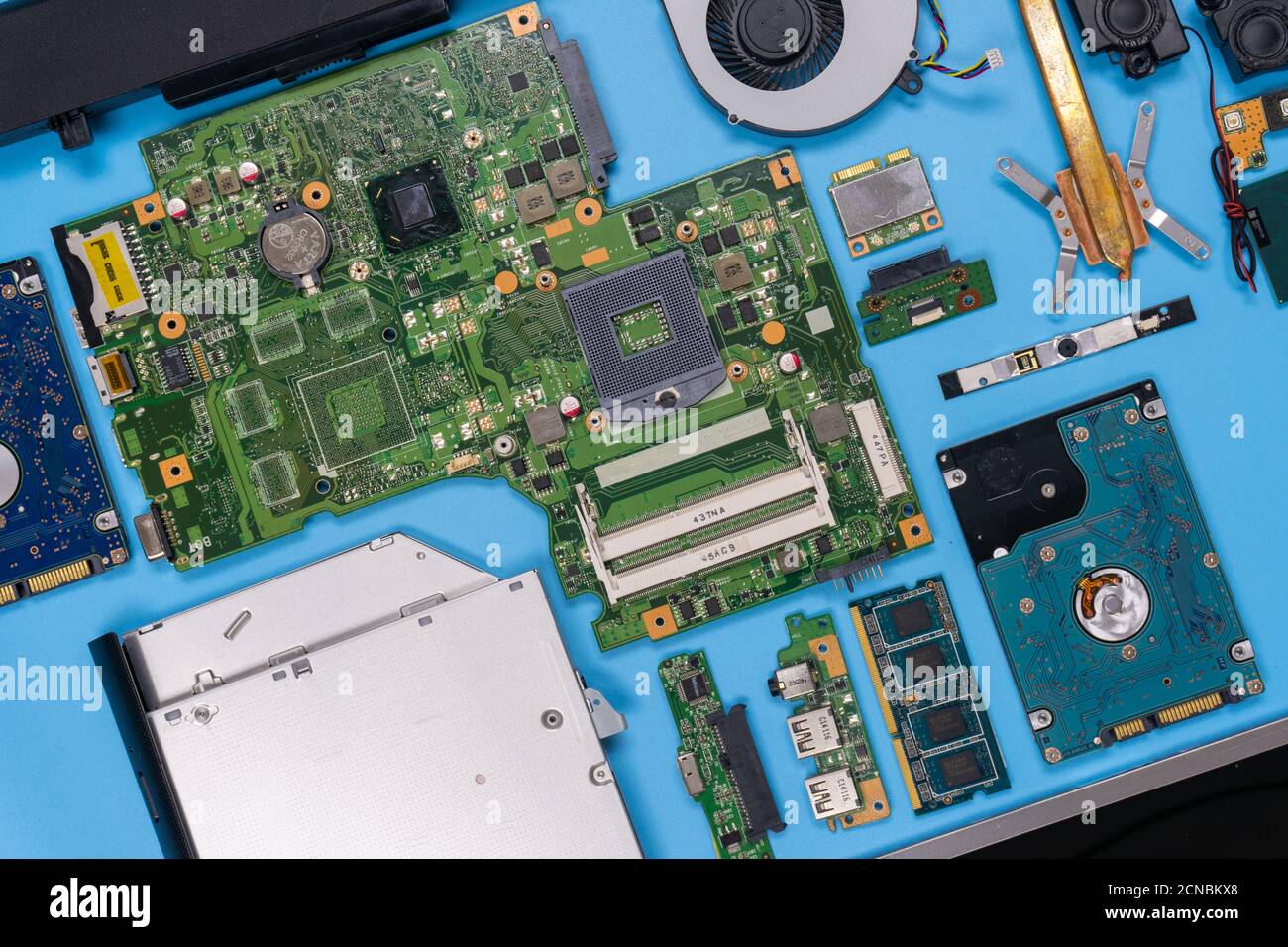 Parts of a modern computer. The insides of a laptop on a blue ...