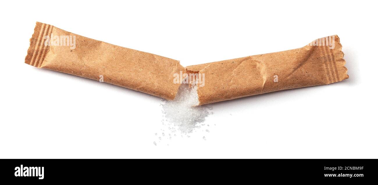 Sugar stick torn in half. Sugar in paper kraft packaging. Mock up for ...