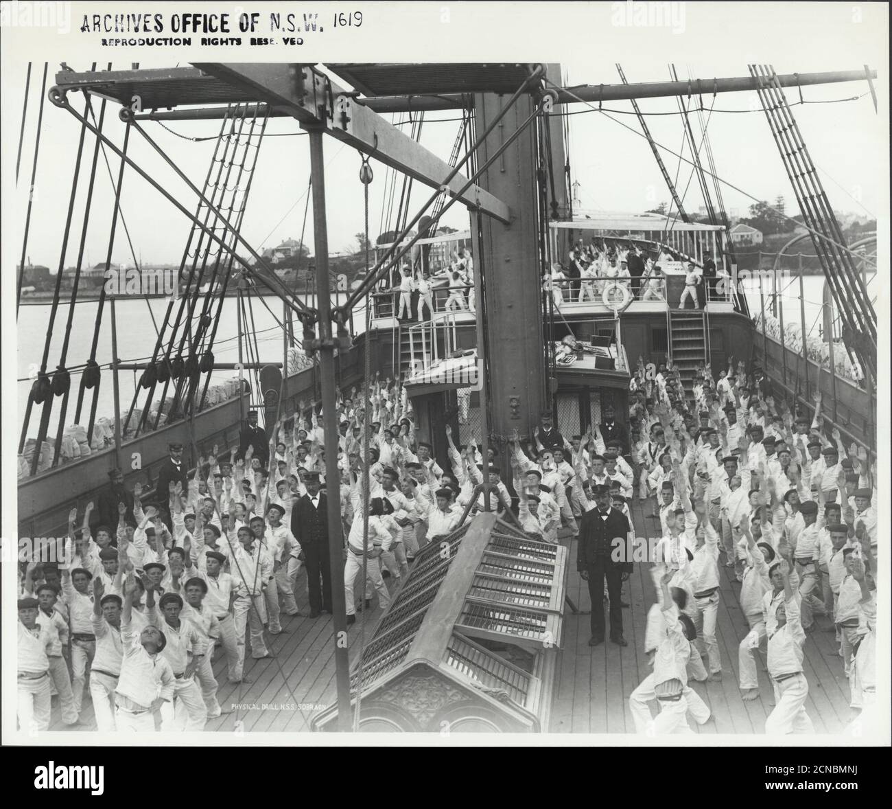 Naval cadets doing physical training on the N.S.S. 'Sobraon' Stock ...