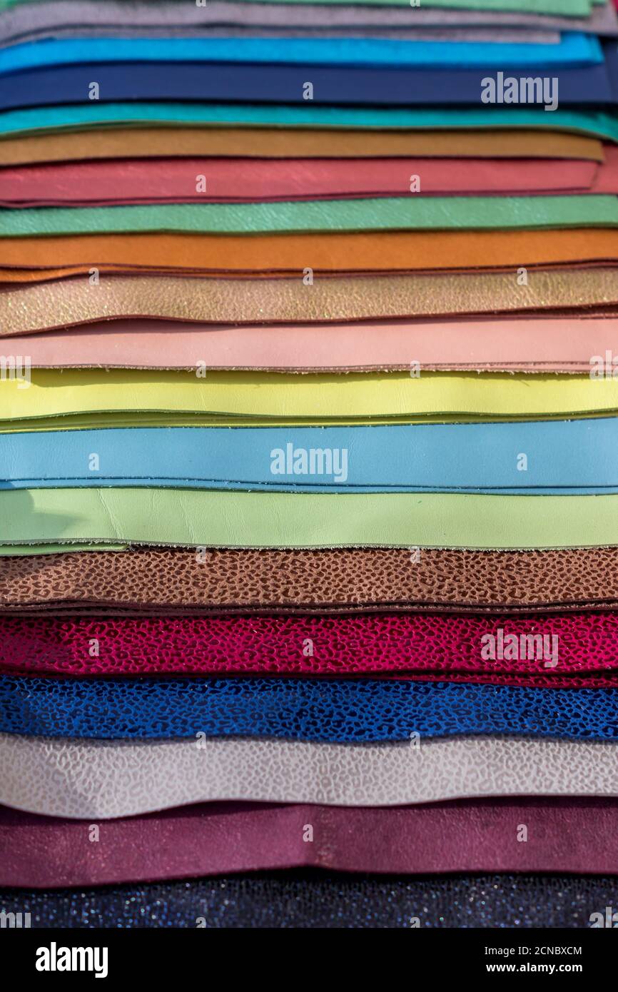 Leather samples of different colors for interior design and craft ...