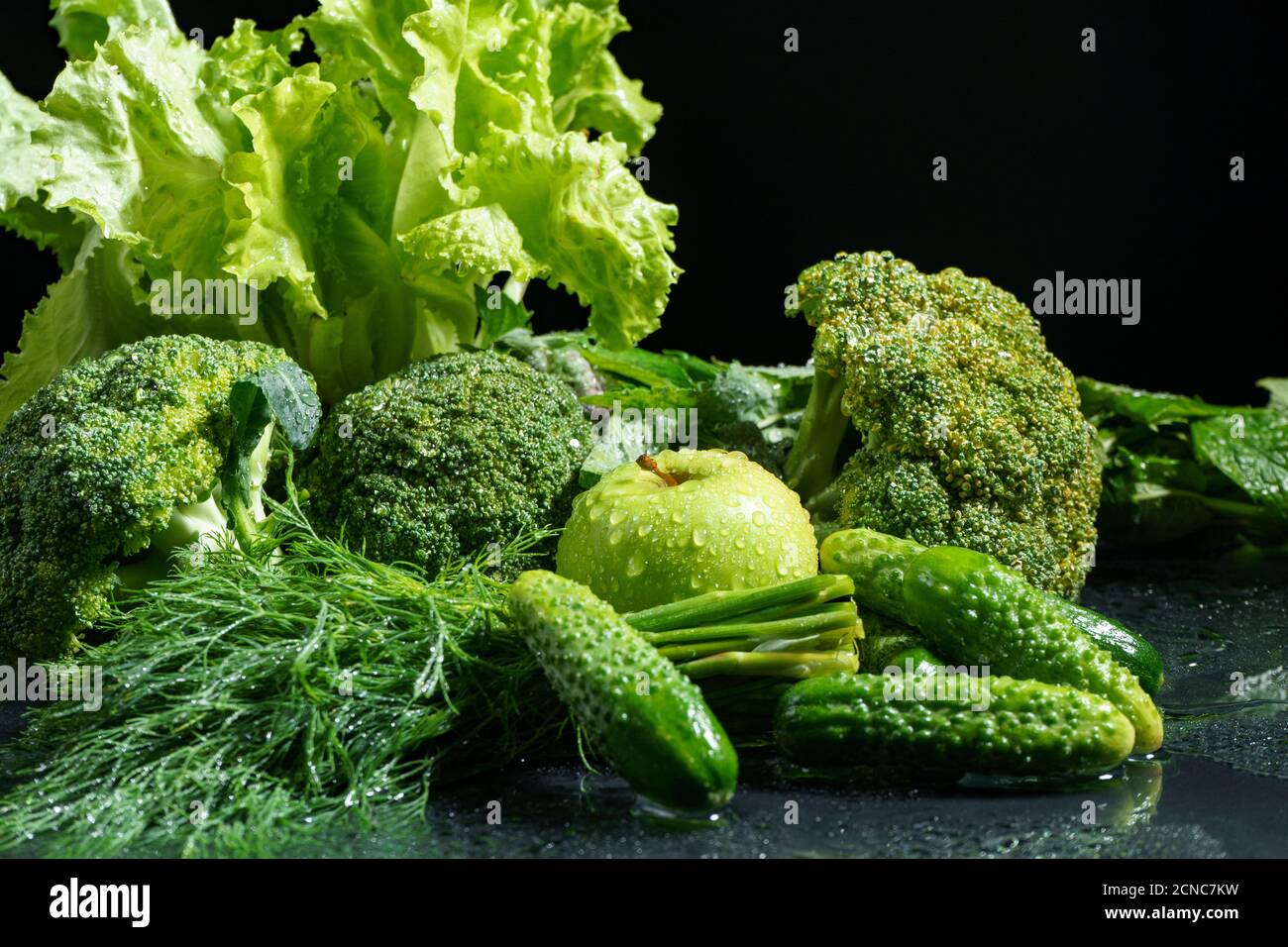 Picture of wet green vegetable set with water drops Stock Photo - Alamy