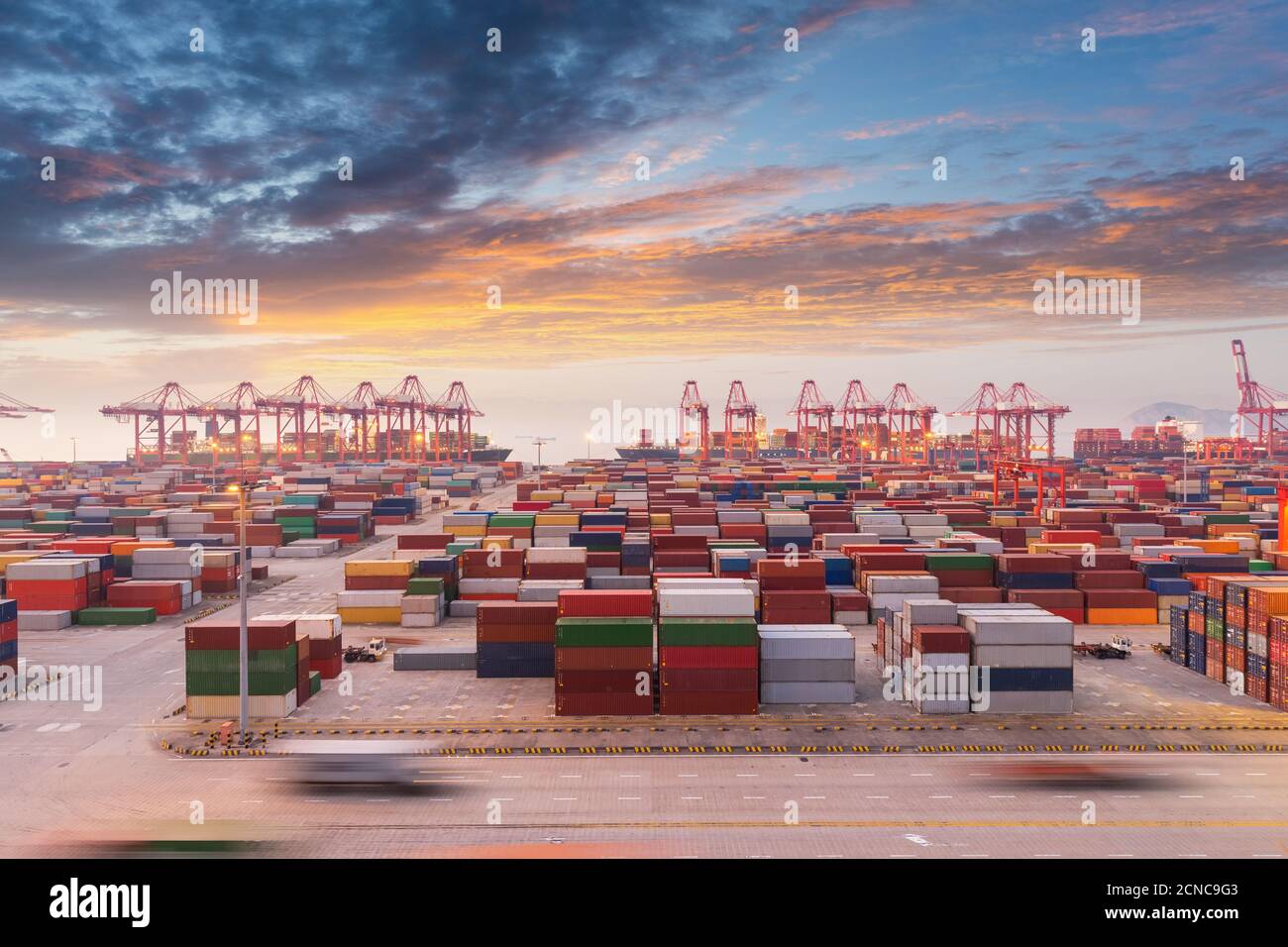container port in sunset Stock Photo - Alamy
