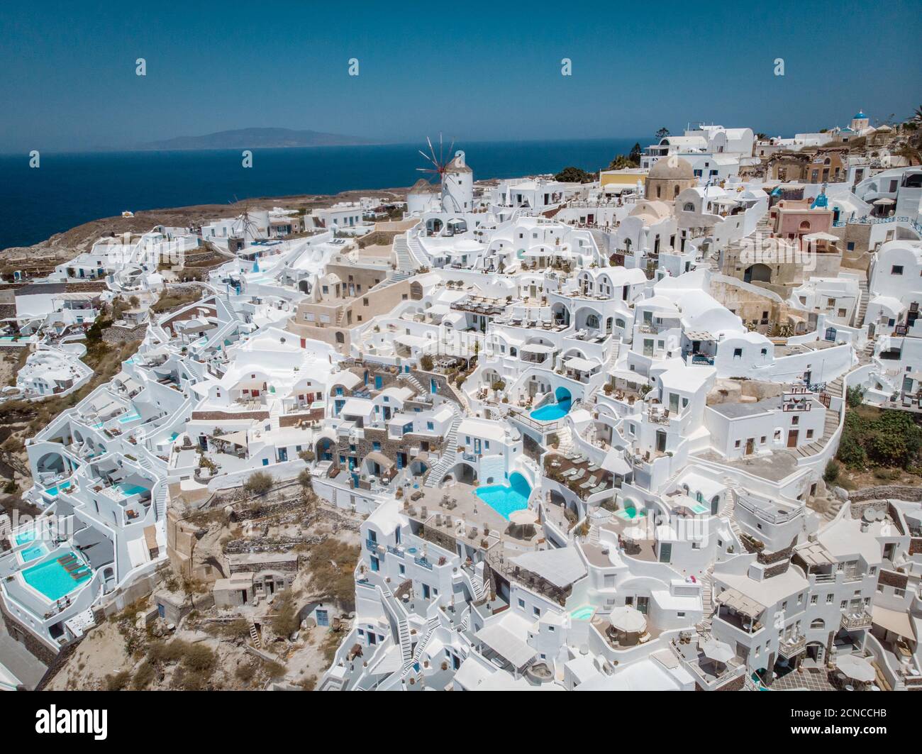 Drone view over Santorini, aerial view over the whitewashed village of ...