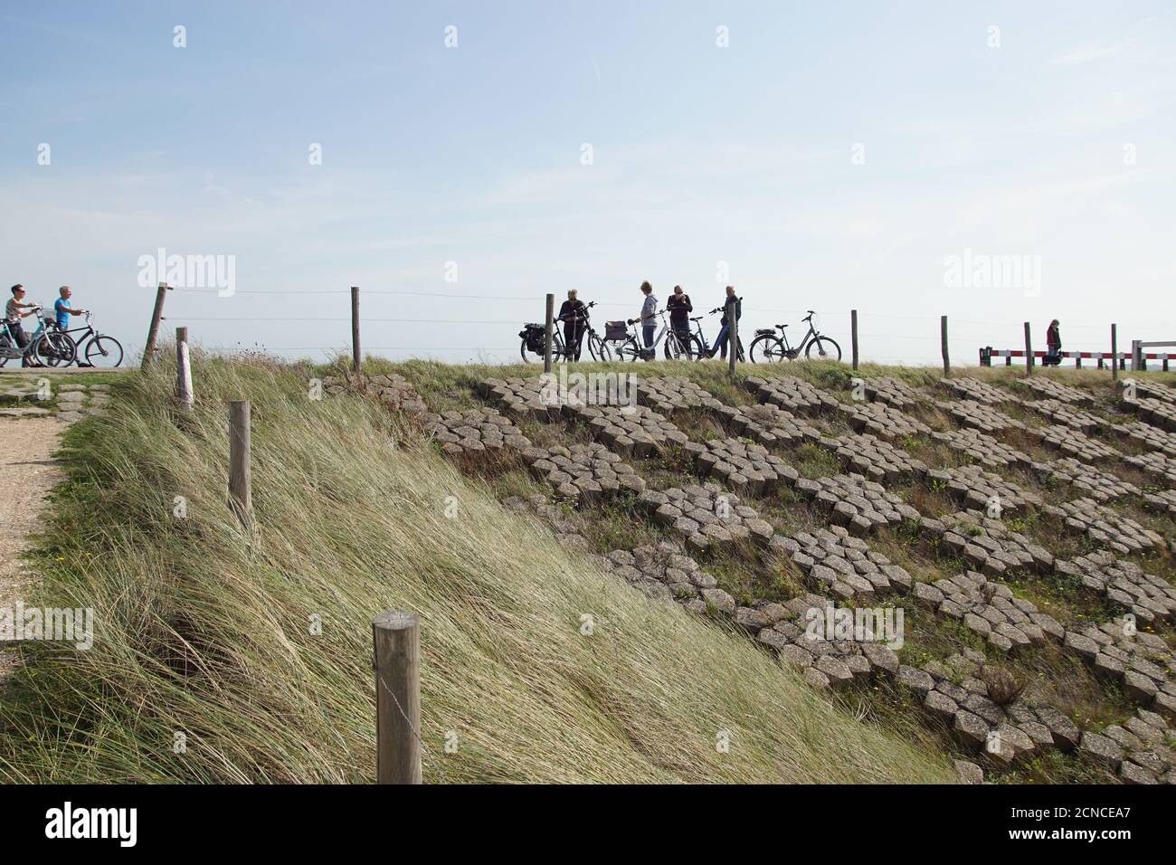 Cycle path with cyclists on the Dutch dike (Hondsbossche Zeewering ...