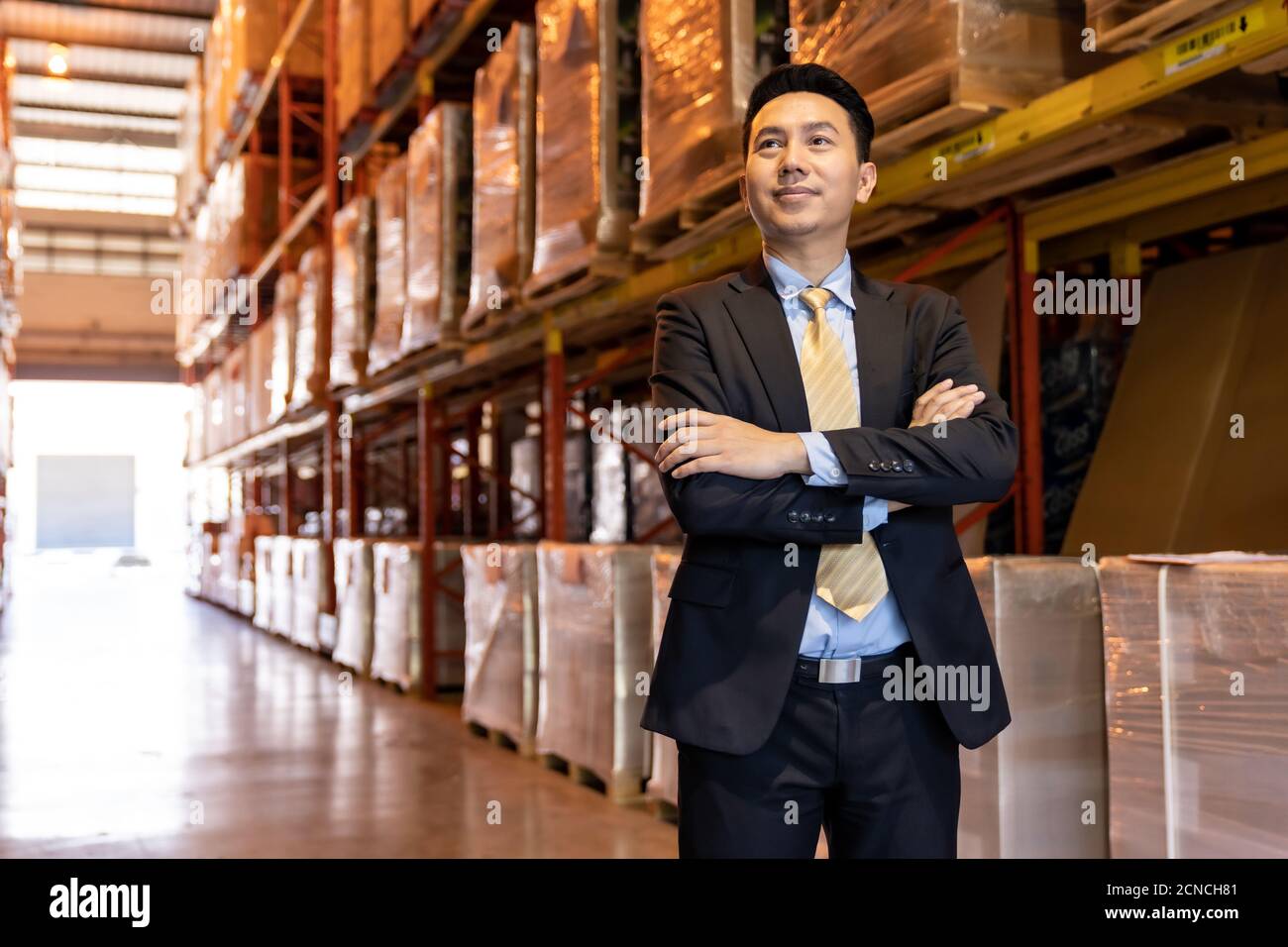Asian businessman owner portrait in distribution warehouse Stock Photo ...