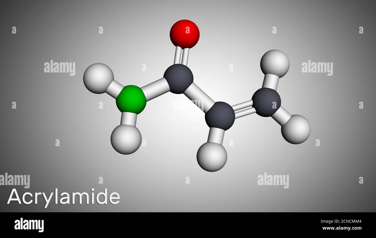 Acrylamide, ACR, acrylic amide molecule. It is as a precursor to ...