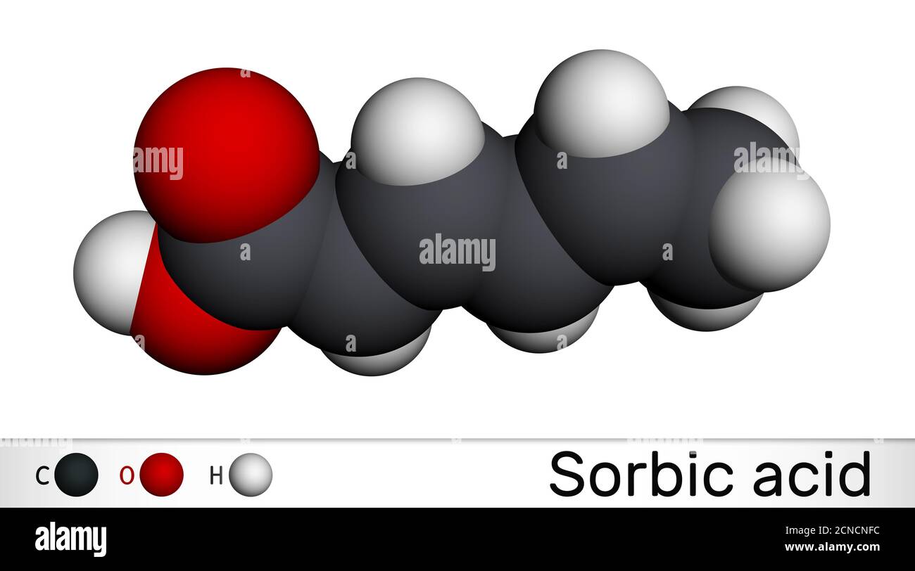 Sorbic acid, 2,4-hexadienoic acid, E200 molecule. It is hexadienoic and ...