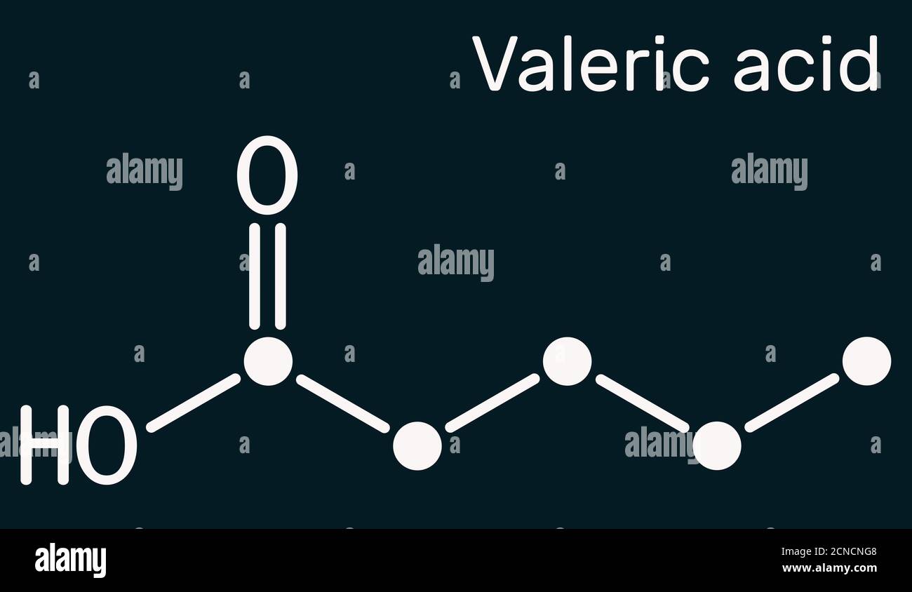 Valeric acid, pentanoic acid or valerate molecule. Skeletal chemical ...