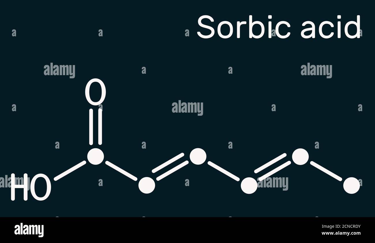 Sorbic acid, 2,4-hexadienoic acid, E200 molecule. It is hexadienoic and ...
