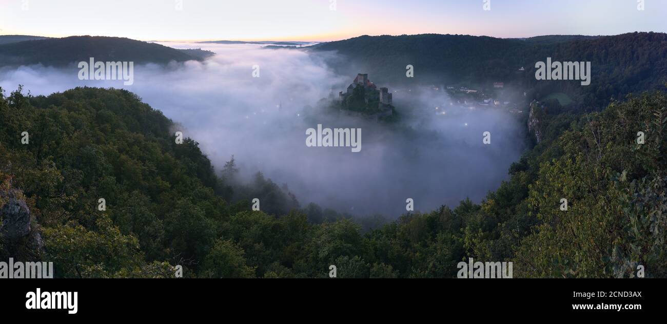 Hardegg medieval castle on a fortified hill upon Thaya river during ...