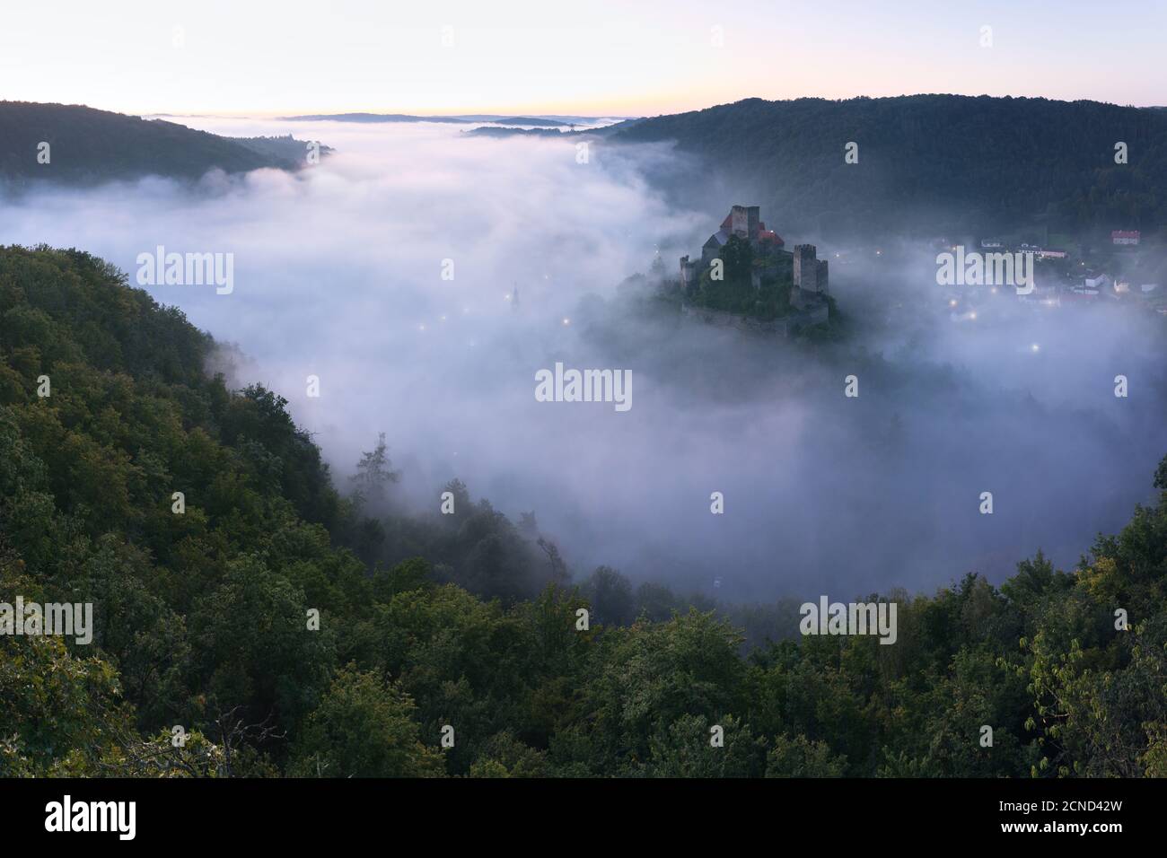 Hardegg medieval castle on a fortified hill upon Thaya river during ...