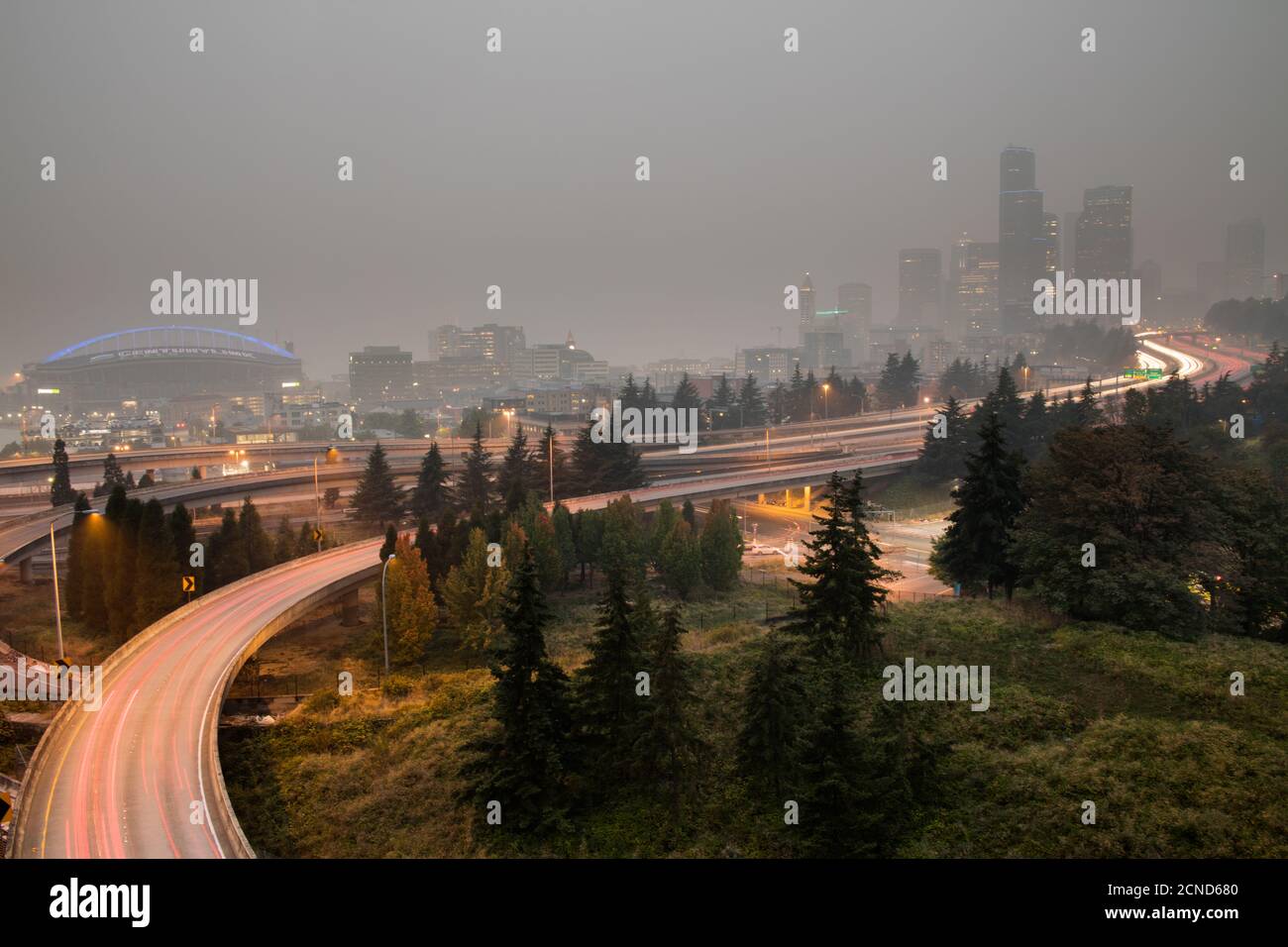 Evening Seattle skyline enshrouded by smoke and haze from extensive ...