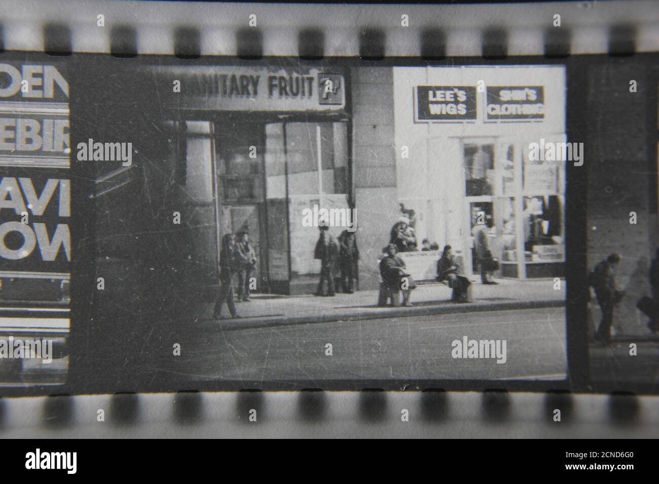 Fine 1970s vintage black and white photography of city bus stop with ...
