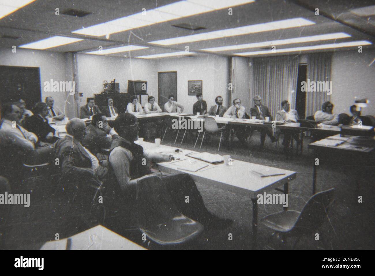 Fine 1970s vintage black and white photography of a large meeting in a ...