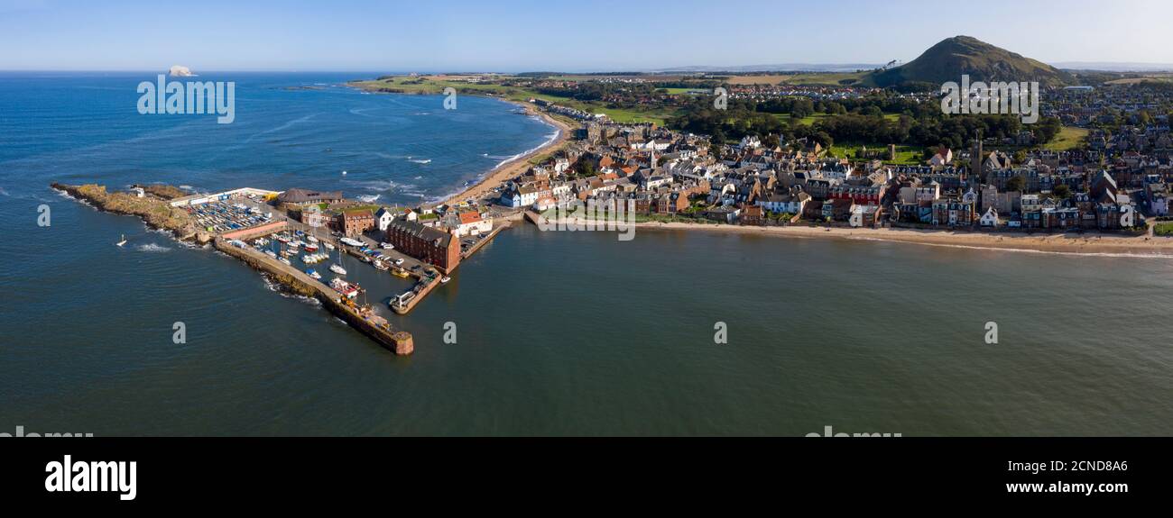 Aerial view of North Berwick harbour and Milsey bay beach, East Lothian ...