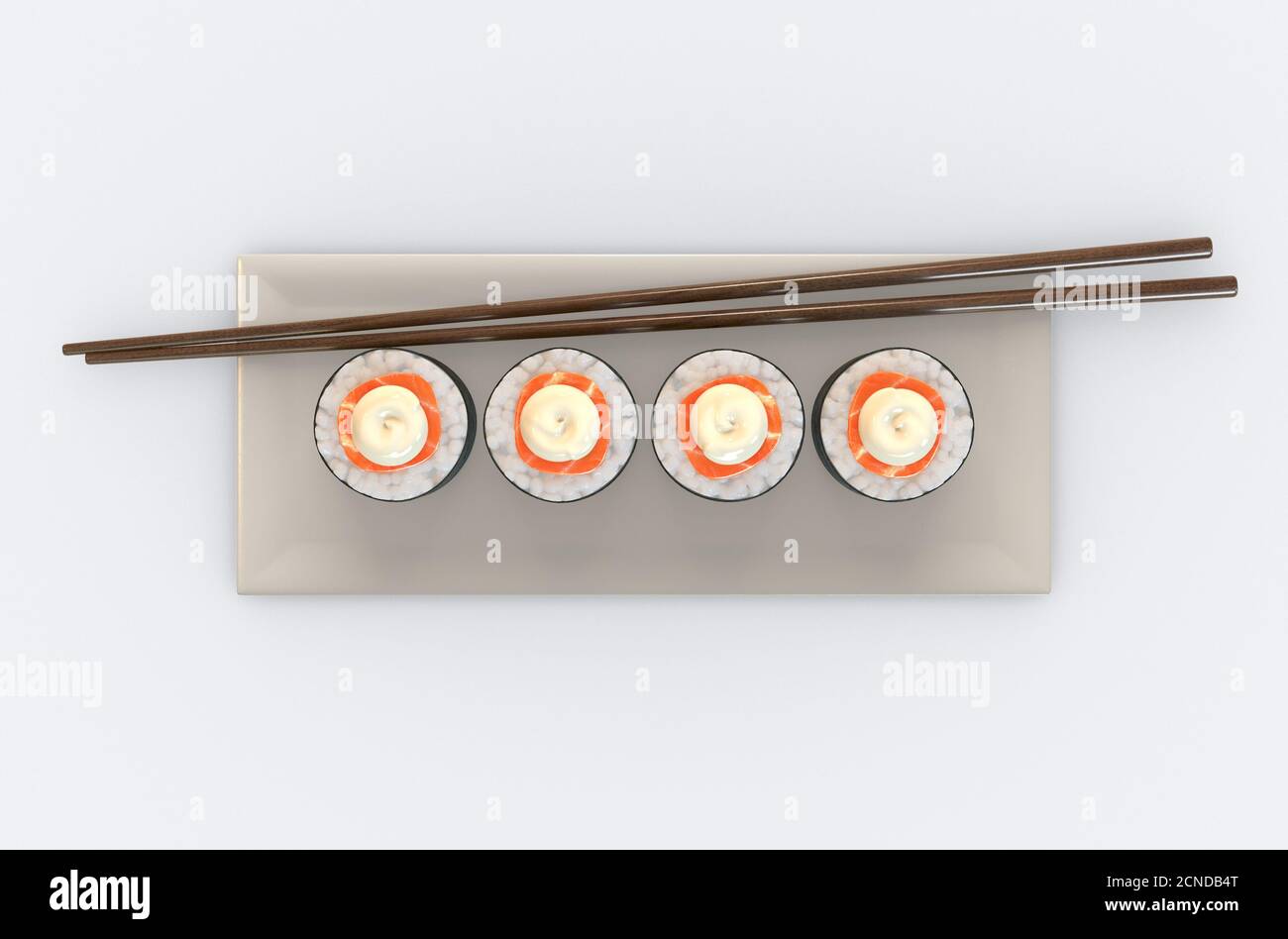 Four pieces of sushi maki made with salmon and a garnish of mayonnaise ...