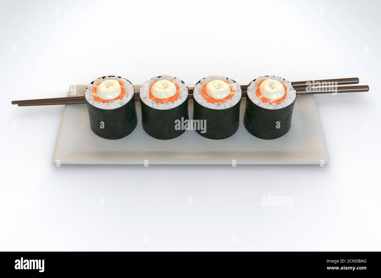 Four pieces of sushi maki made with salmon and a garnish of mayonnaise ...