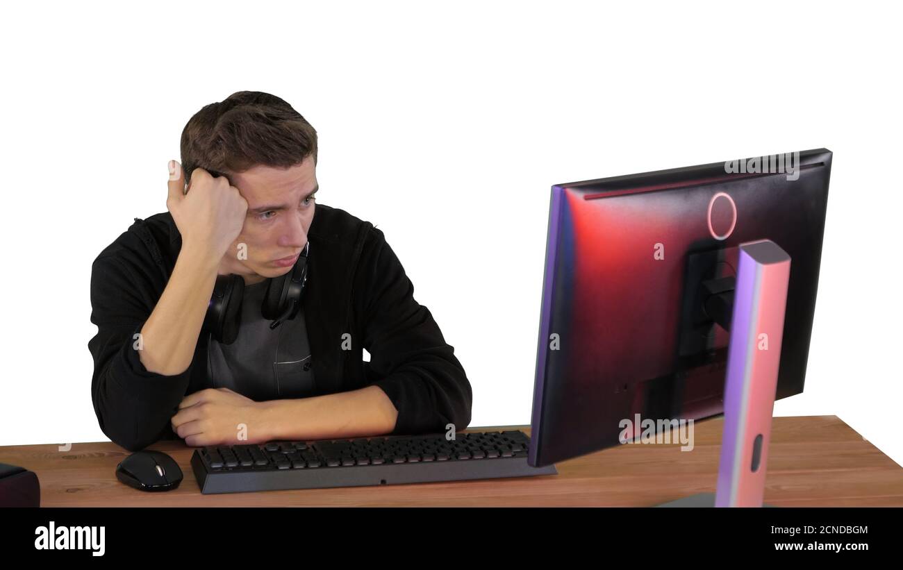 Upset gamer expressing disappointment watching online game on wh Stock ...