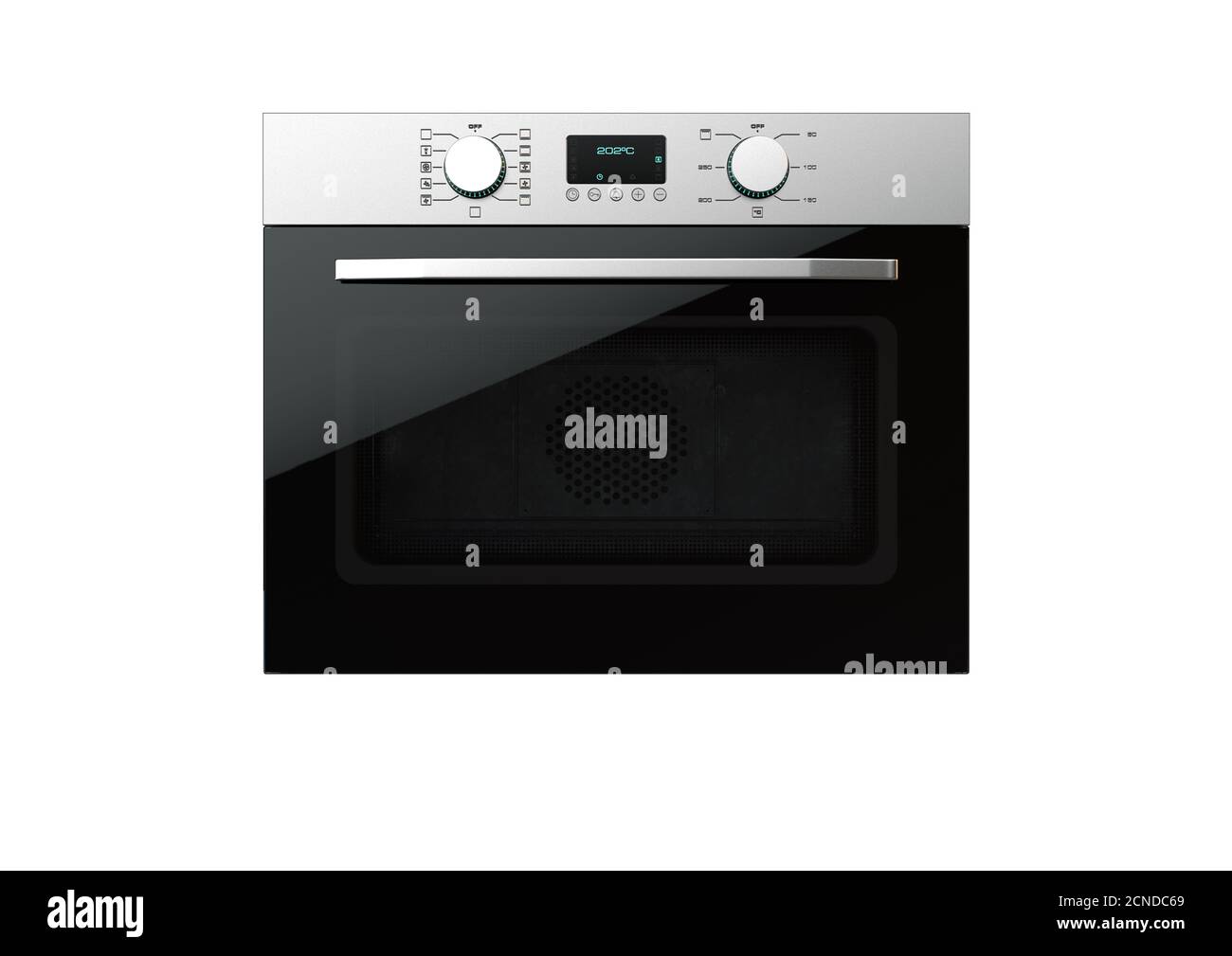 An open empty household kitchen oven with a brushed metal finish and ...