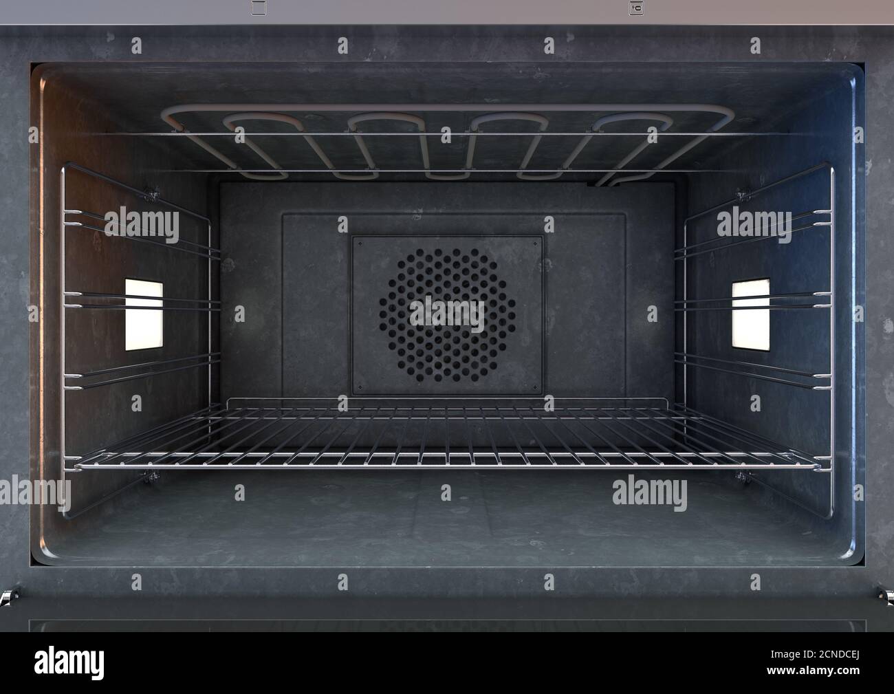 An open empty household kitchen oven with a brushed metal finish and ...