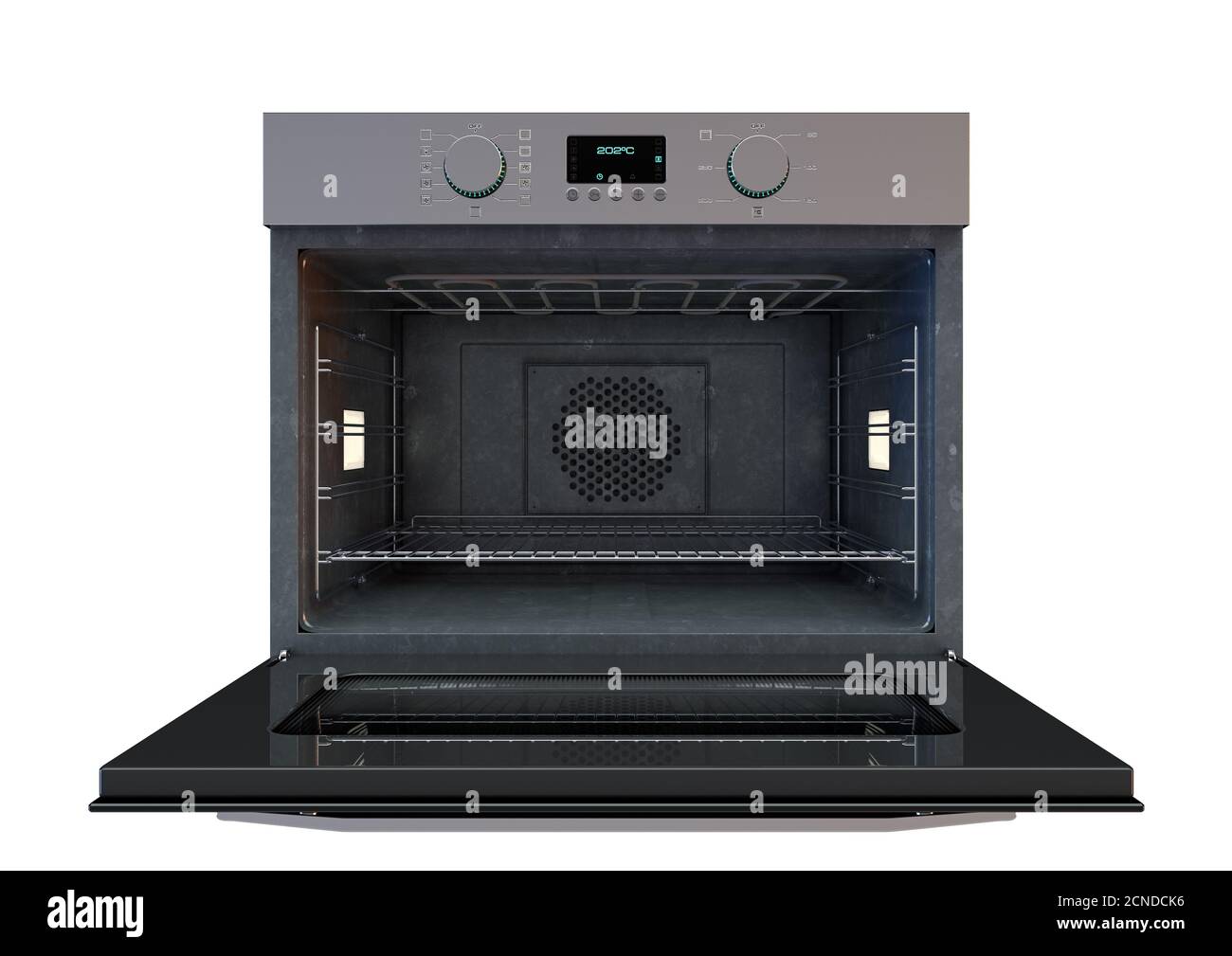 An open empty household kitchen oven with a brushed metal finish and ...