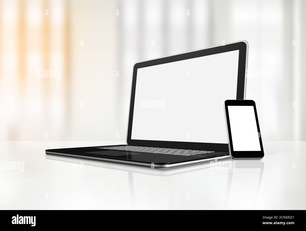 Laptop and mobile phone on office desk interior background. 3D ...