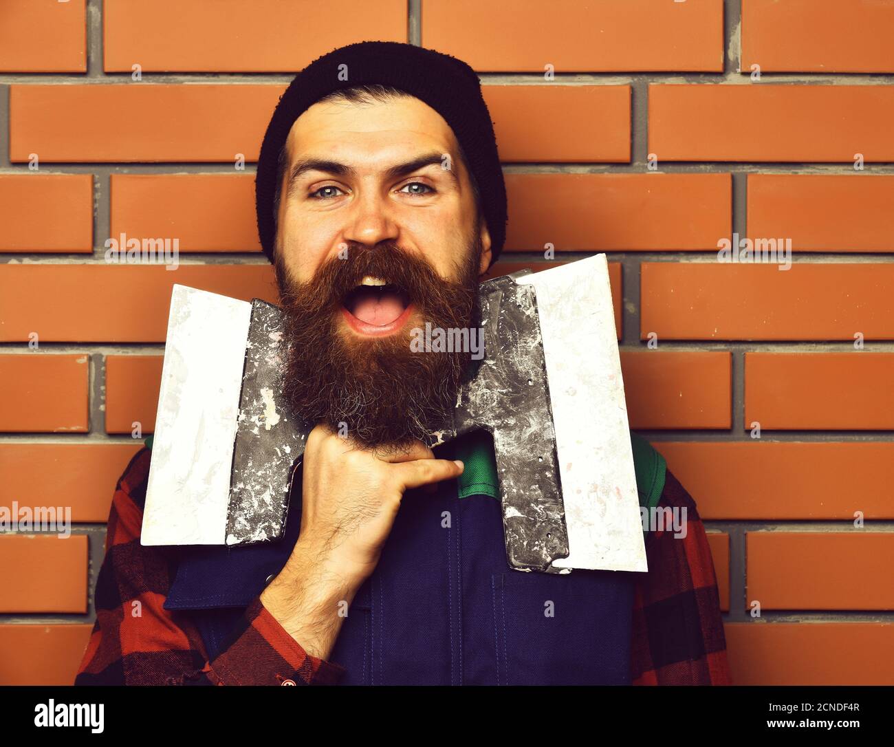 bearded worker man, long beard, brutal caucasian hipster with moustache ...