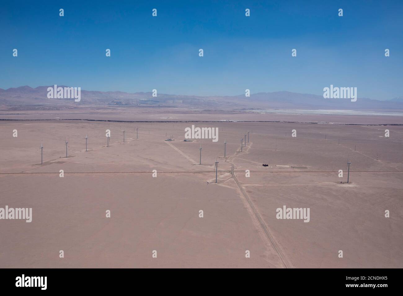 Aerial view of a wind farm in the Atacama Desert, Antofagasta Region ...