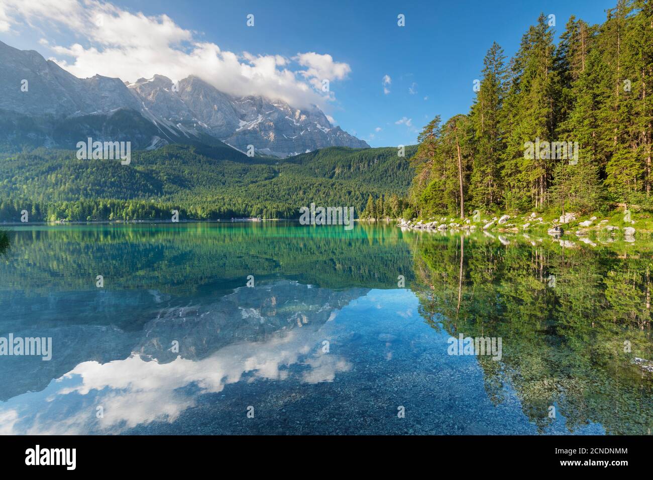 Lake Eibsee against Mount Zugspitze, 2962m, and Wetterstein Mountain ...