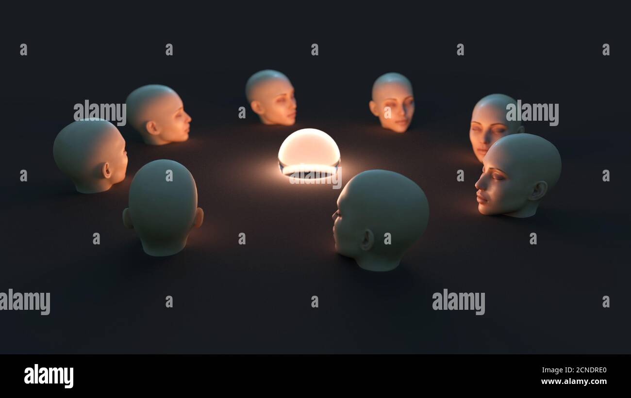 artificial human heads around the light sphere Stock Photo - Alamy