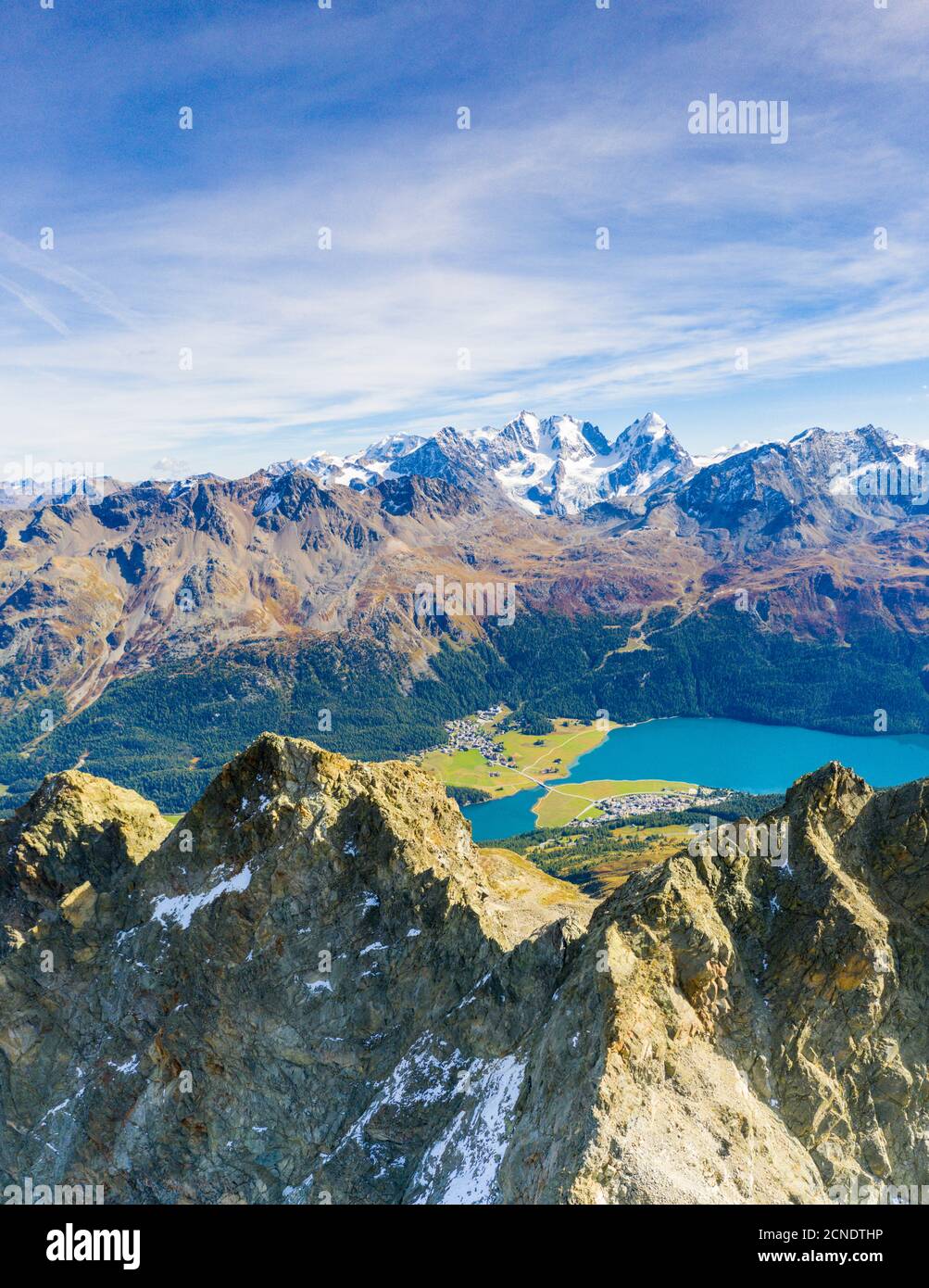 Aerial by drone of Lake Silvaplana and Bernina mountain range in summer ...