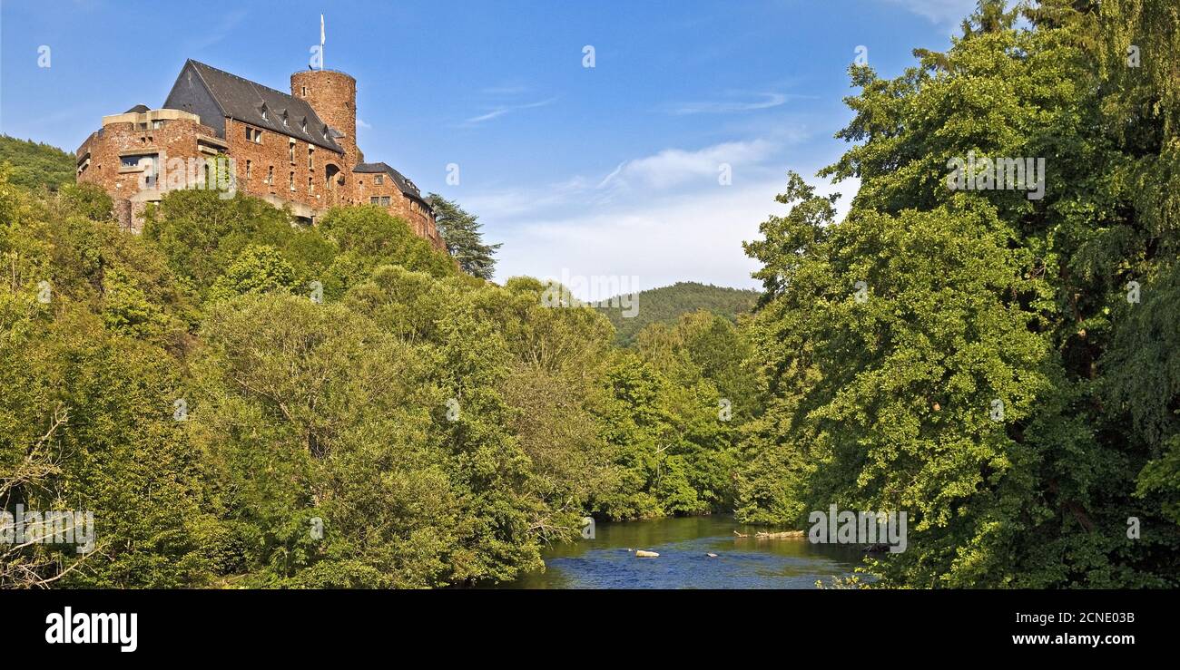 Hengebach Castle with the Rur River, Heimbach, Eifel, North Rhine ...
