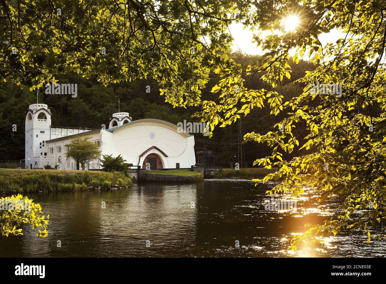 Heimbach hydropower plant with the Rur river, Art Nouveau building ...