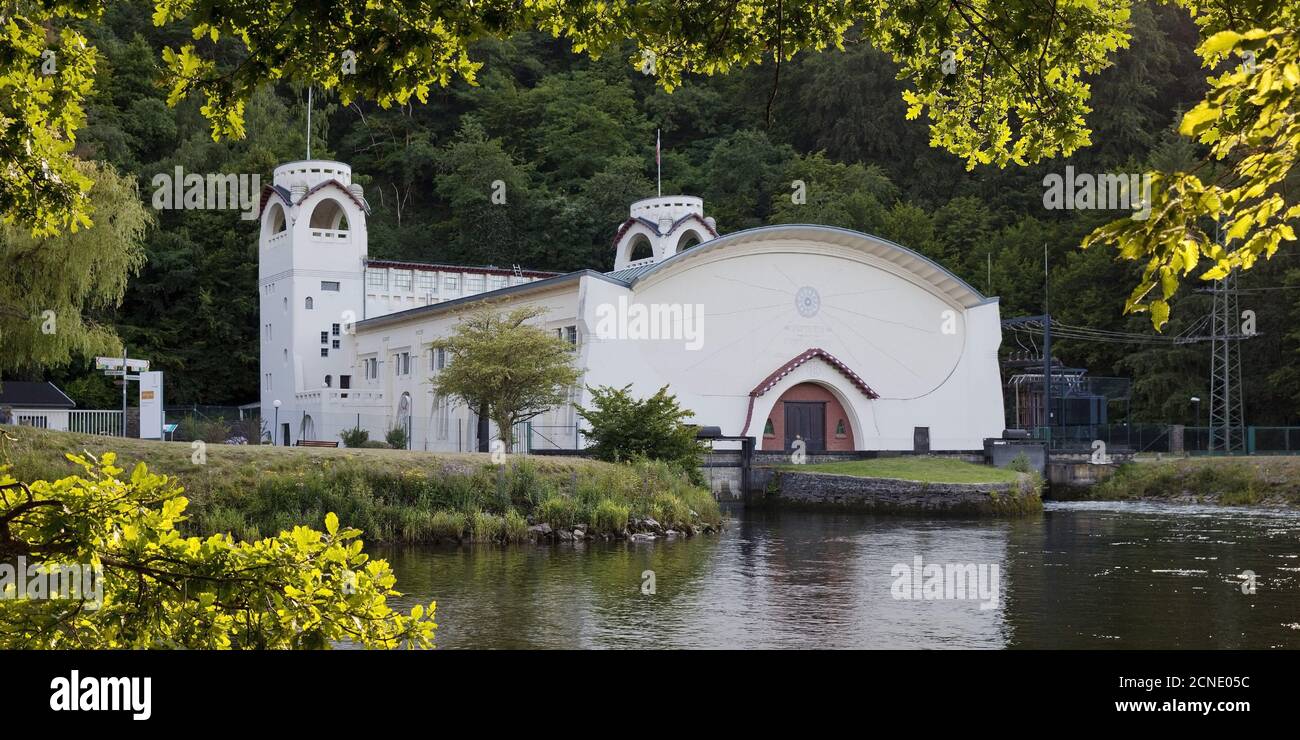 Heimbach hydropower plant with the Rur river, Art Nouveau building ...