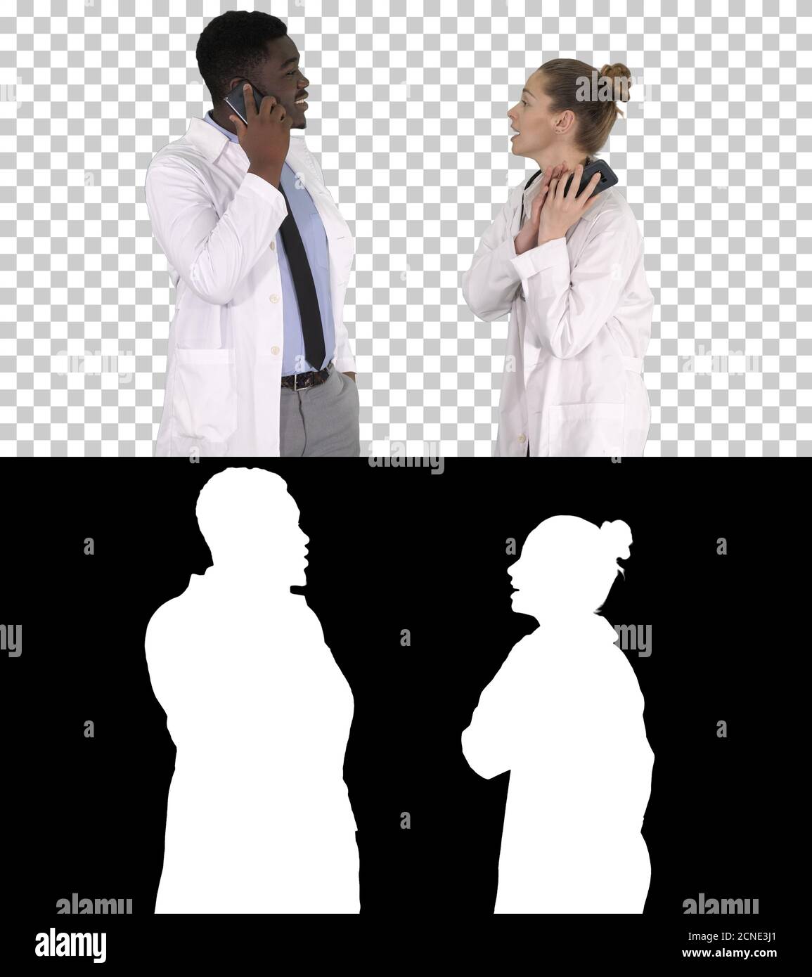 Female and male doctor using mobile phones making calls telling Stock ...