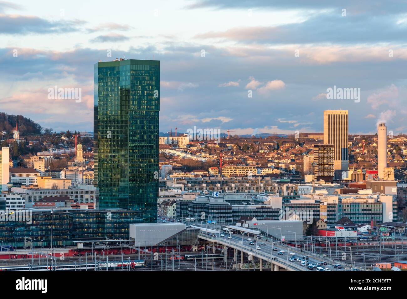 View of Zurich from above with the Prime Tower, Hardbridge and ...