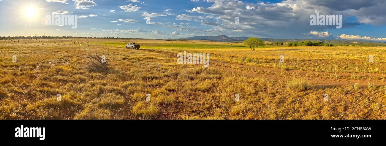 Pickup truck on Fire Road 182 exploring prairie grassland near Drake in ...