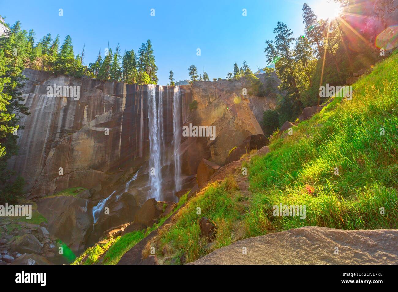Beautiful waterfall of Vernal Fall on Merced River Mist trail, Yosemite ...