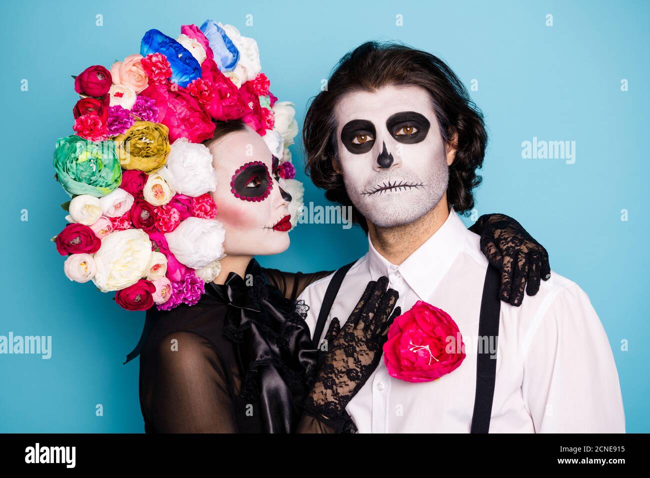 Love can't die. Photo of creepy scary couple man lady cuddle wait dark ...