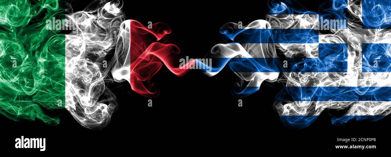 Italy vs Greece, Greek smoky mystic flags placed side by side. Thick ...