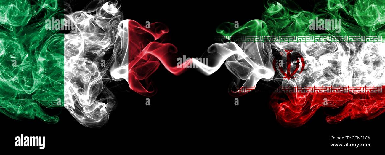 Italy vs Iran, Iranian smoky mystic flags placed side by side. Thick ...