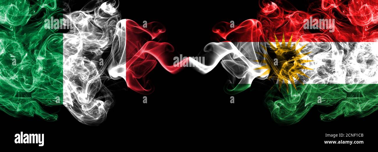 Italy vs Kurdistan, Kurdish smoky mystic flags placed side by side ...