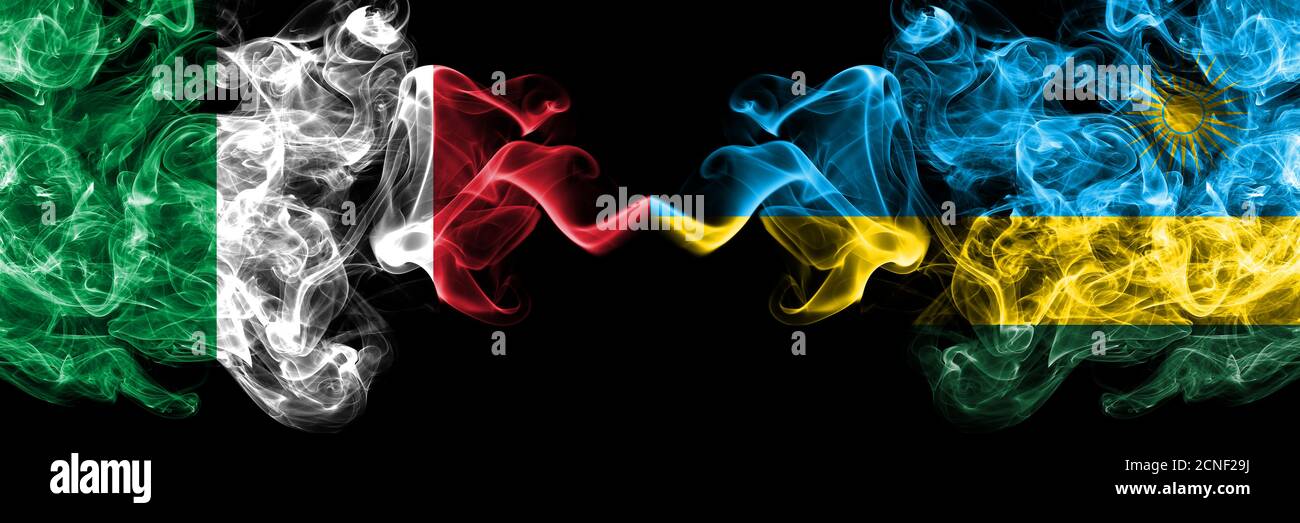 Italy vs Rwanda, Rwandan smoky mystic flags placed side by side. Thick ...