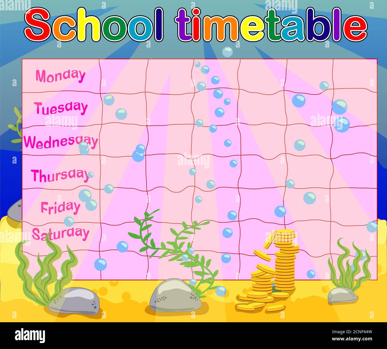 School timetable with marine themes, table, underwater world Stock ...