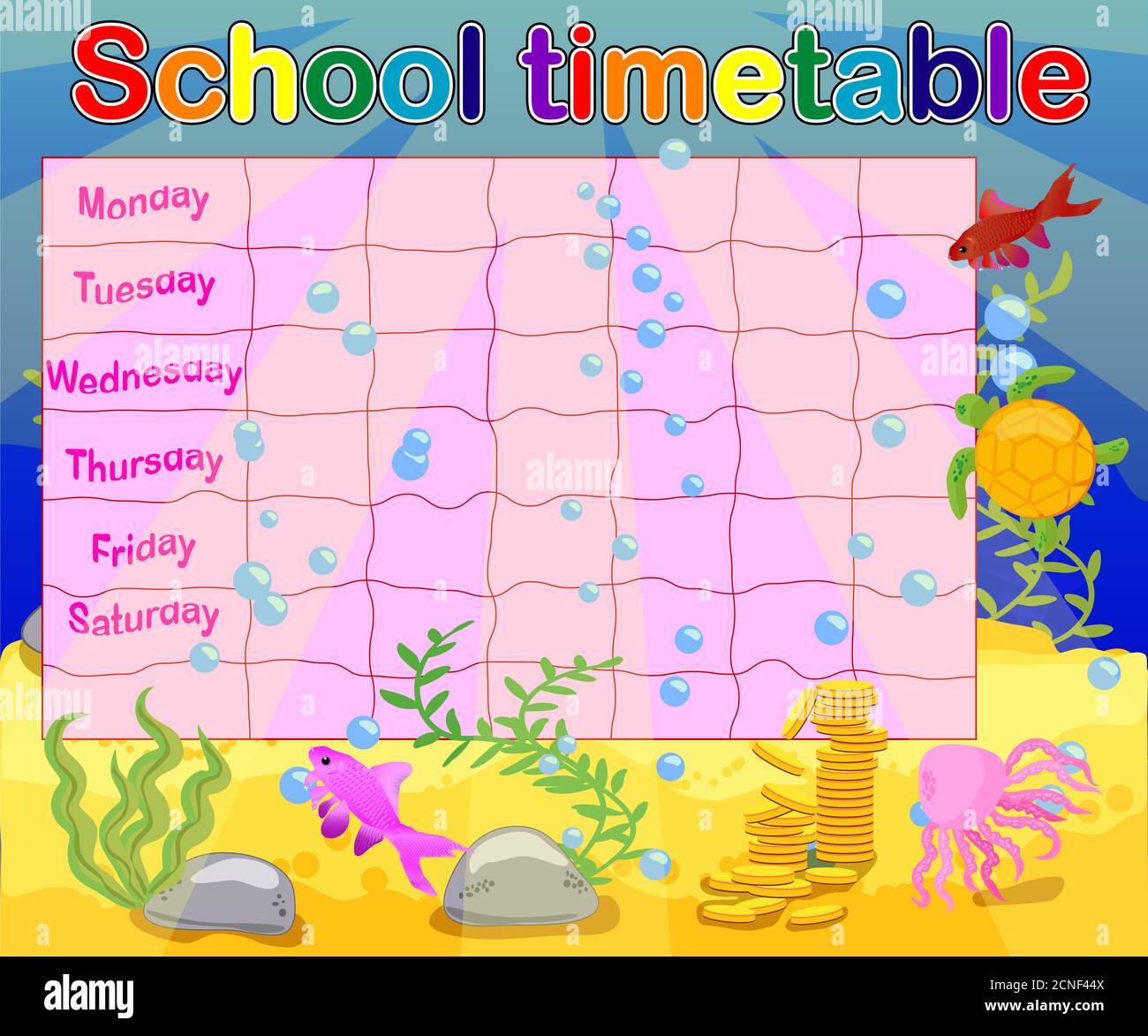 School timetable with marine themes, table, underwater world Stock ...